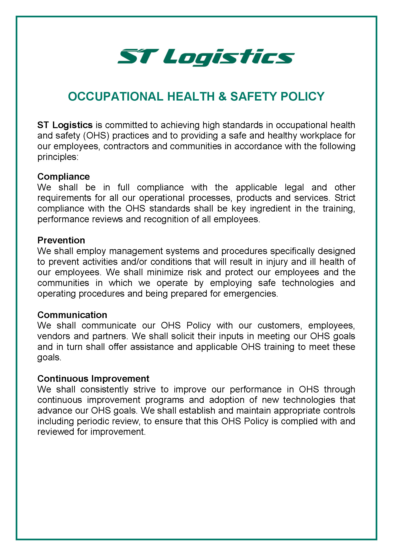 Corporate Statement ST Logistics Pte Ltd